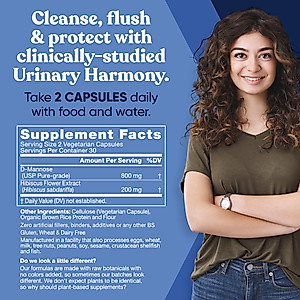 Urinary Harmony D-Mannose Supplement – Urinary Tract Health for Women – Potent Clinical Strength Formula with D-Mannose and Hibiscus Cleanses and Flushes the Urinary System – 60 Fast Acting Capsules