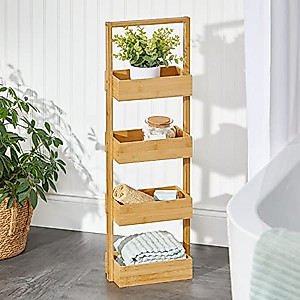 mDesign Free-Standing 4-Tiered Shelf for Bathroom, Wood Bamboo Storage Rack Room Decor Shelves - Decorative Organizer Bins for Bath Towels, Hand Soap, and Toiletries - Natural