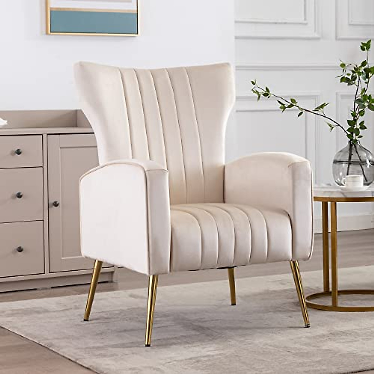 KCC Velvet Accent Living Room Chairs Set of 2, Mid Century Armchair with High Back for Bedroom, Upholstered Single Sofa with Golden Metal Legs,Cream