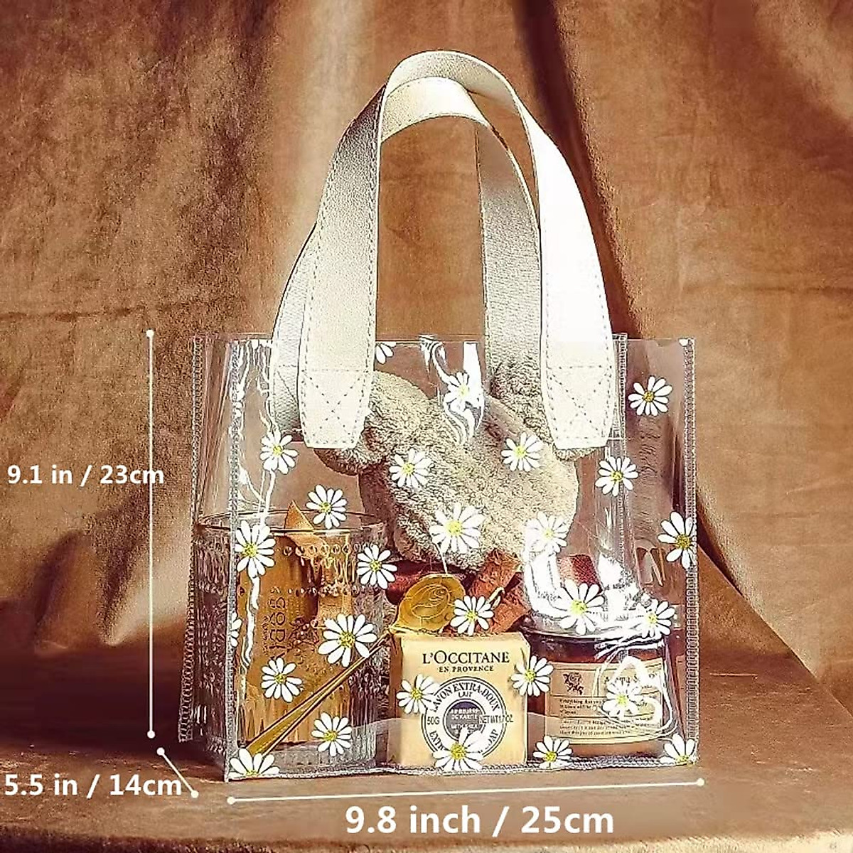 Clear Gift Wrap Bag with Handles (2pcs,9.1 X 9.8X 5.5'') Heavy Duty Plastic Waterproof Gift Packing Bag for Party, Reusable Merchandise Retail Transparent PVC Shopping Tote Bags for Package Candy