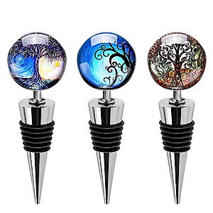 Soleebee 3 Pack Decorative Wine Stoppers, Wine Bottle Stopper with Beautiful Art Glass, Reusable Beverage Bottle Stoppers for Bar, Gifts, Holiday Party, Kitchen Decor (Tree of Life)