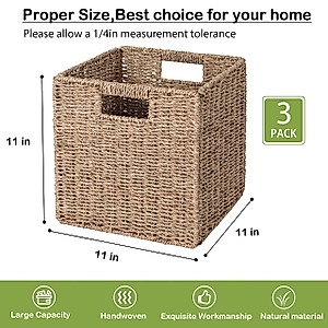 11x11x11in Seagrass Storage Baskets, Woven Baskets for Storage, Large Cube Wicker Storage Basket for Shelves Set of 3, Wicker Storage Basket, Bedroom, Living Room