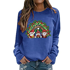 Christmas T Shirts for Women Long Sleeve Vintage Print Graphic Xmas Sweatshirt Crewneck Pullover Tops Ugly Sweater Blouses Blue