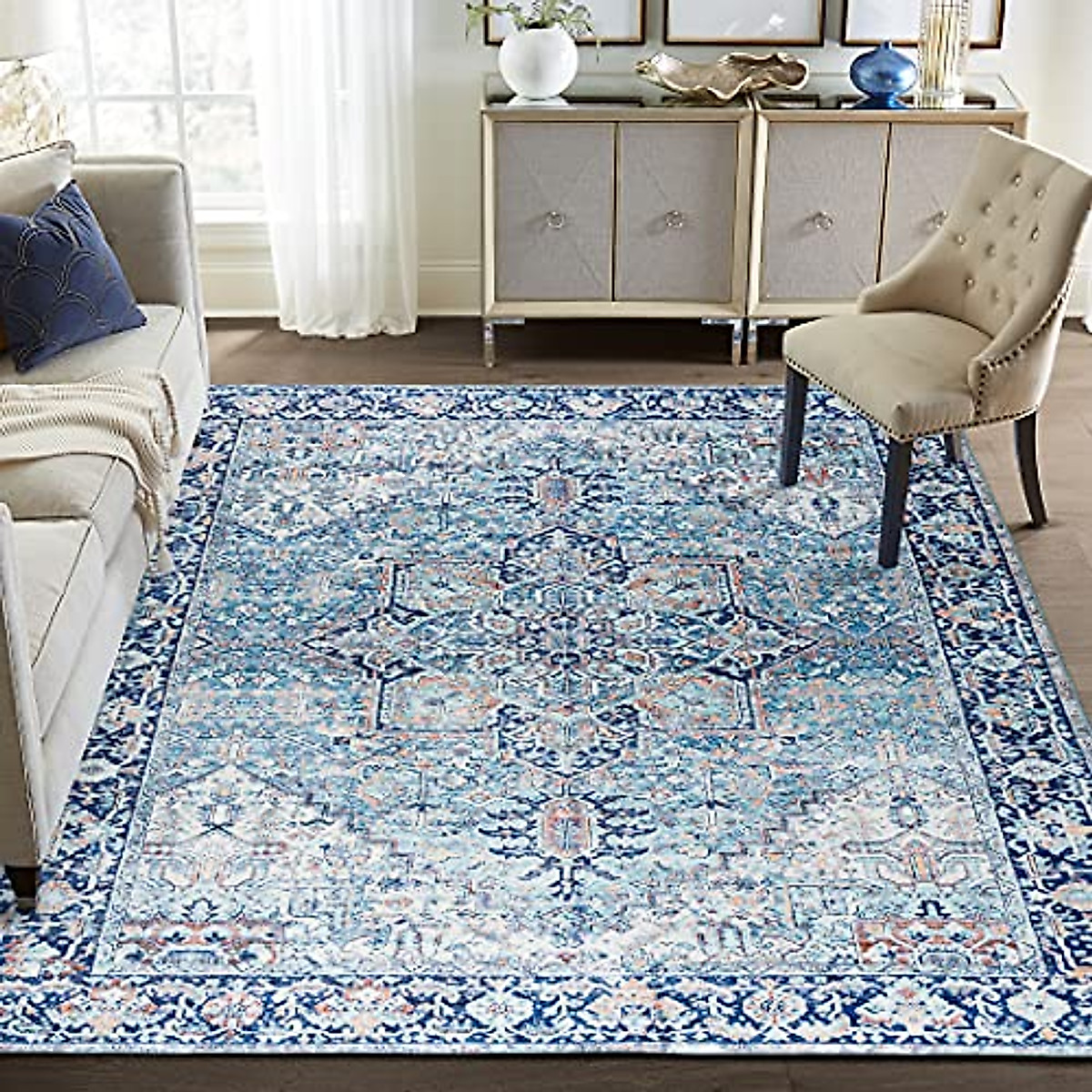 ReaLife Machine Washable Rug - Stain Resistant, Non-Shed - Eco-Friendly, Non-Slip, Family & Pet Friendly - Premium Recycled Fibers - Vintage Distressed Traditional - Blue, Ivory, Orange, 5' x 7'