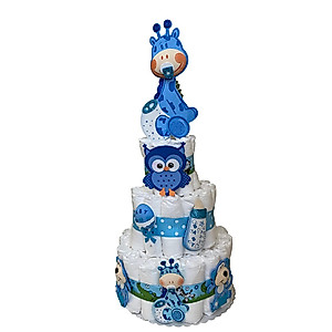 Giraffe Monkey Safari Diaper Cake, 3 Tier Assembled Diaper Cake, Newborn Diaper Cake (Blue)