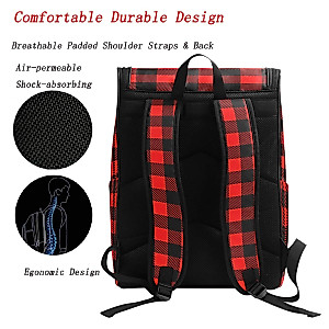 Naanle Chic Red and Black Buffalo Plaid Checkered Pattern Casual Daypack,College Student Bookbags Large Travel Multipurpose Bag Padded Laptop Bag Fits 15.6 inch Notebook