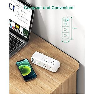 USB Outlet Extender Surge Protector - with Rotating Plug, 6 AC Multi Plug and 3 USB Ports (1 C), 1800 Joules, 3-Sided Swivel Power Strip Spaced Splitter for Home, Office, Travel