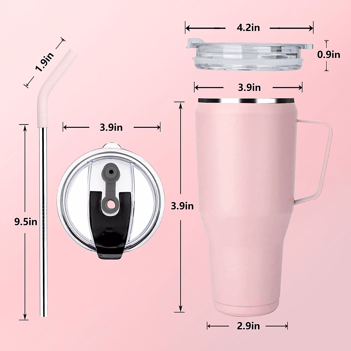 Perched helper 40 oz Tumbler with Handle and Straw, 2-in-1 Lid (Straw/Flip) - Stainless Steel Travel Mug Insulated Vacuum Sealed Cup for Hot and Cold Beverages (Pink)