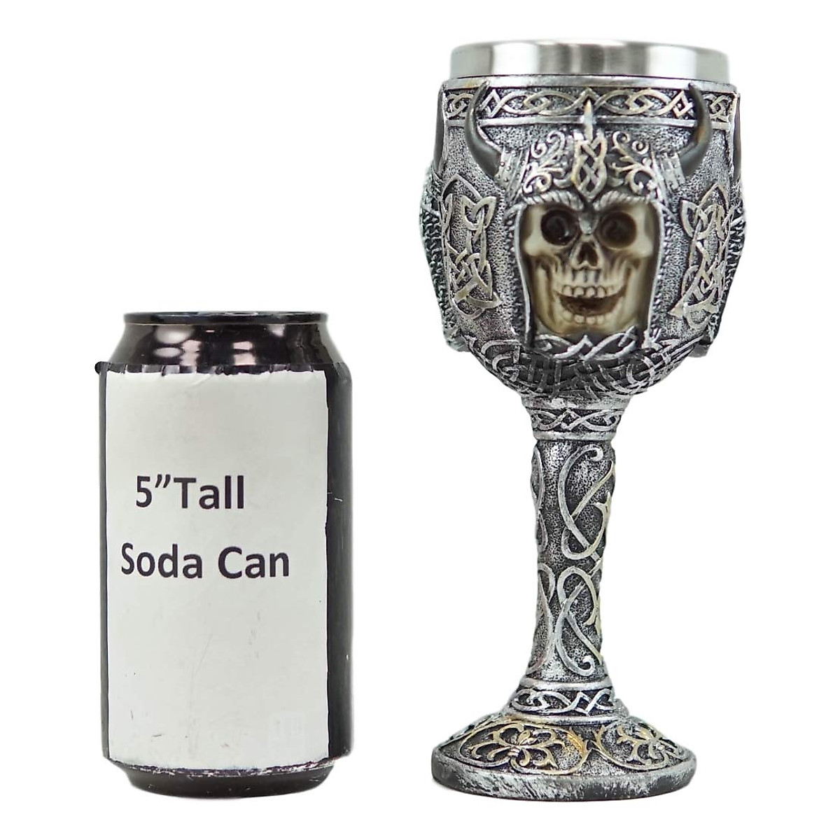 Ebros Viking Berserker Skull With Bison Horned Helmet Wine Goblet 7oz With Celtic Knotwork Patterns Vintage Chalice Cup With Food Safe Stainless Steel Liner As Halloween Ossuary Macabre Skulls Accent