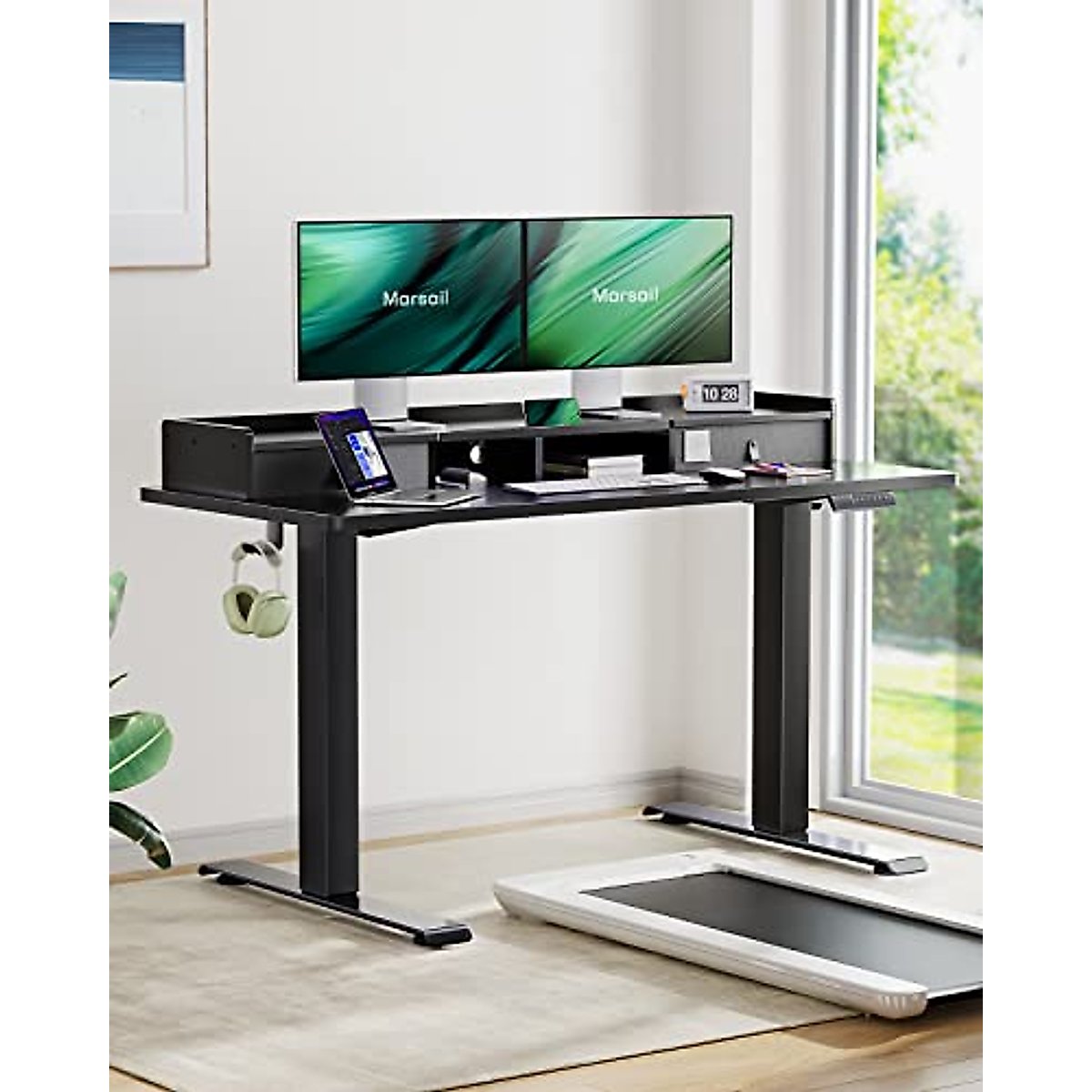 Marsail Electric Standing Desk with Dual Drawers, 55 x 24 Inches Height Adjustable Desk with Storage Shelf, Sit Stand Desk with 4 Memory Preset, 2 Storage Hooks, Stand Up Desk for Home Office, Black