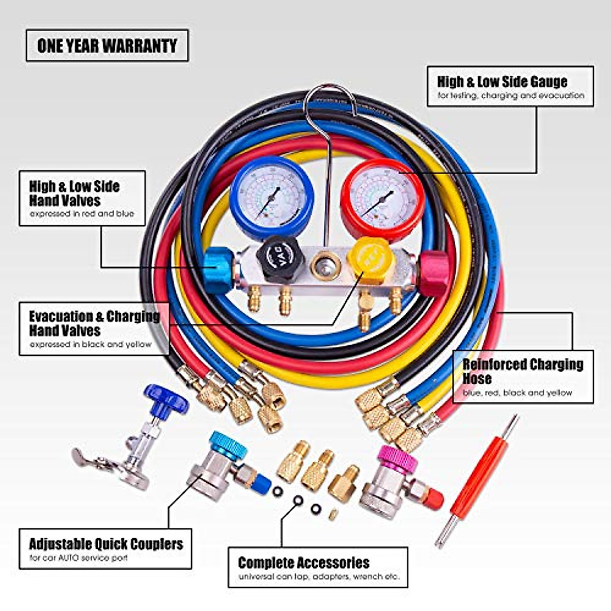 BACOENG Professional Vacuum Pump & Manifold Gauge Set - HVAC A/C Refrigeration Kit - Diagnostic R12 R22 R134a R410A - w/Case