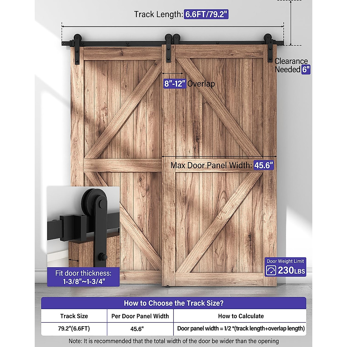 ZEKOO 6.6FT Single Track Bypass Sliding Barn Door Hardware Kit for Double Doors, Bypass Barn Door Track Kit, Low Ceiling, Smoothly Quietly, Easy to Install