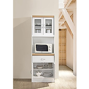 Hodedah Long Standing Kitchen Cabinet with Top & Bottom Enclosed Cabinet Space, One Drawer, Large Open Space for Microwave, White