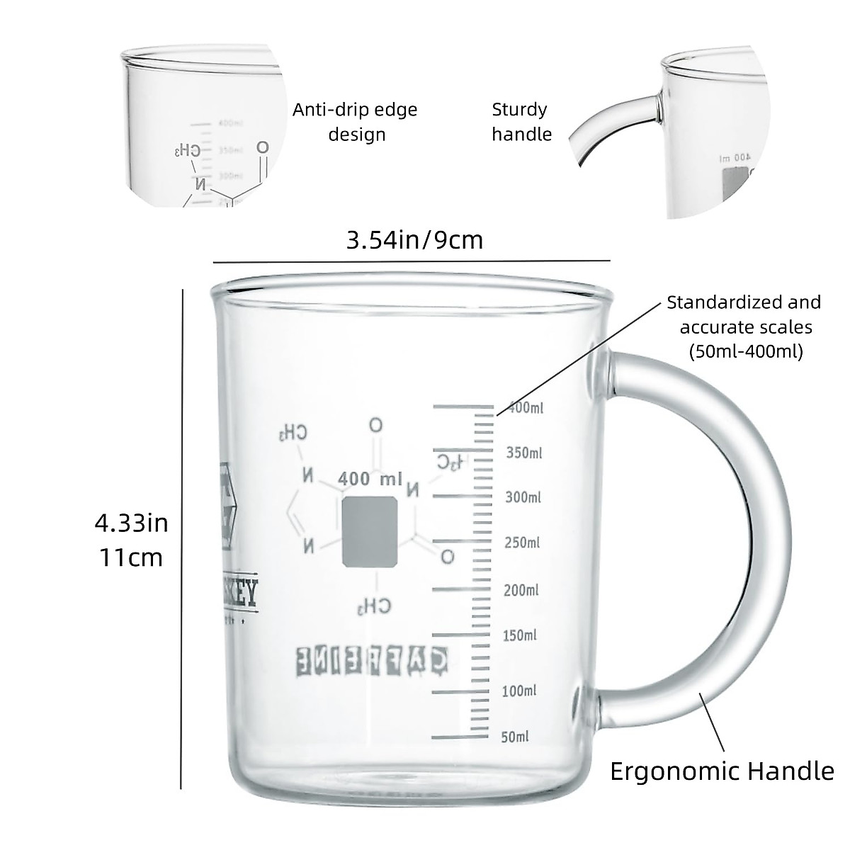 GLASKEY Caffeine Beaker Mug,16 oz Anti-dripping Borosilicate Caffeine Mug,Cool Coffee Mugs with Handle,Chemistry Mug,Measuring for Coffee,Tea,Hot and Cold Beverage