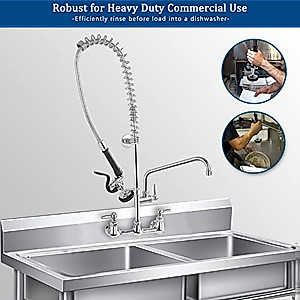 AGAHPAY Commercial Kitchen Sink Faucet with Pre Rinse Sprayer, 8 Inch Center Wall Mount Faucet with 12” Swing Spout 36” Height Compartment Sink Faucet for Restaurant Industrial, Chrome Polished