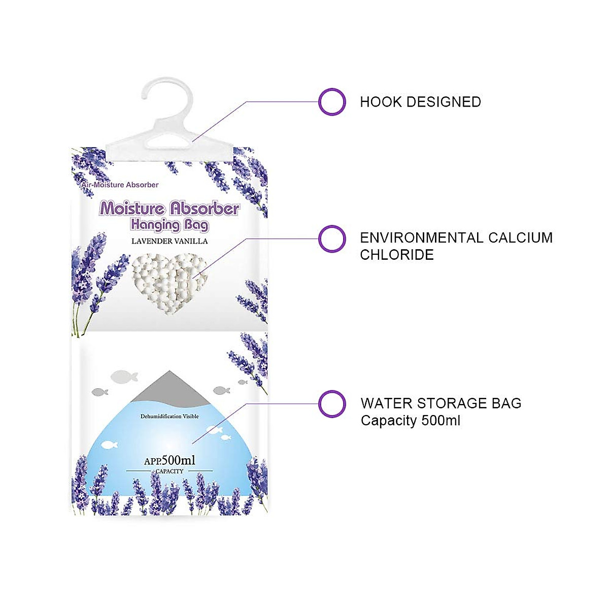 CANAGER Hanging Moisture Absorber, Lavender Vanilla Moistureproof Hanging Bag，Dehumidifier Bag (8 packs) Hanging Closet Dehumidifier Bags, Moisture Absorb 12.5 oz
