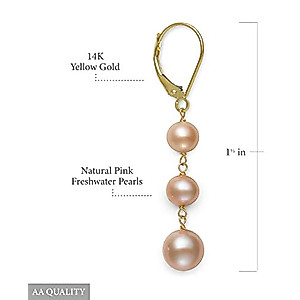 14k Yellow Gold Pink Cultured Freshwater Pearl Trio Dangle Drop Earrings