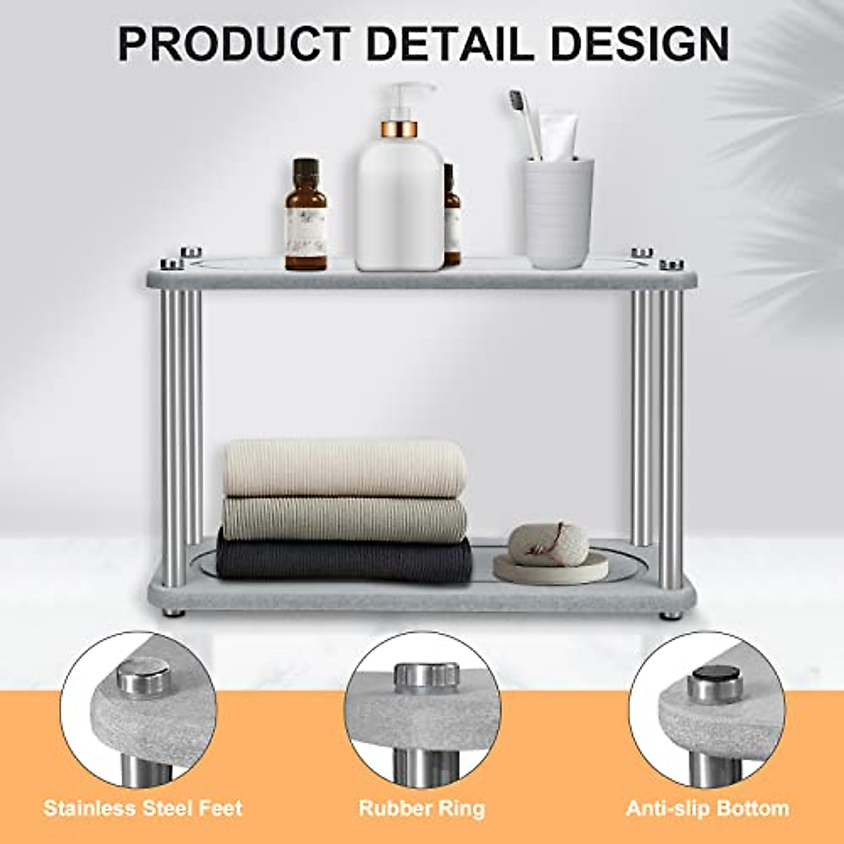 Home Sink Caddy, 2-Tier Instant Dry Sink Organizer, Fast Drying Stone Sink Tray For Kitchen Sink, Diatomaceous Pedastal Stand Riser With Stainless Steel Feet Protection for Modern Home (Grey)