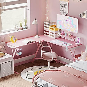 MOTPK Pink Gaming Desk L Shaped, 51 Inch Gamer Desk Gaming Table with Carbon Fiber Texture, Corner Computer Desk L Shape with Monitor Stand & Cup Holder & Headphone Hook, for Women & Girls Gift