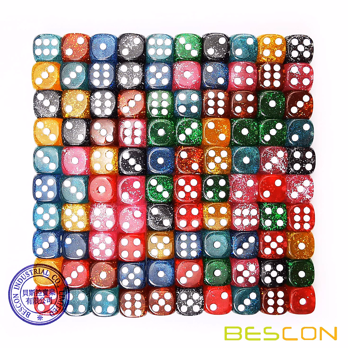 Bescon A Lot of Glitter 16MM D6 Set 100pcs, Assorted Colored Glitter Dice Set 100pcs