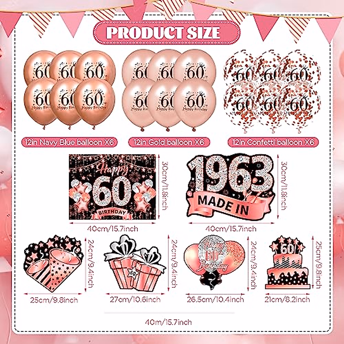 Rose Gold 60th Birthday Decorations for Women 6Pcs 60th Birthday Yard Signs Made in 1963 Lawn Sign & 18Pcs Rose Gold 60th Birthday Balloons for 60 Years Old Party Anniversary Outdoor Decor Supplies