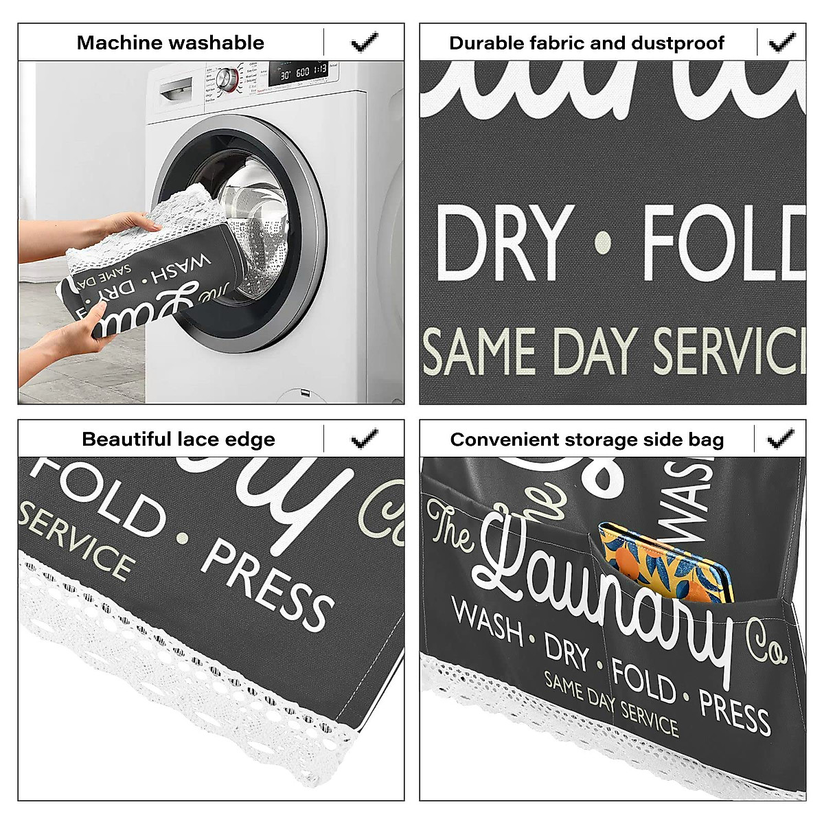 Vintage Laundry Machine Cover Dryer Top Covers Anti-Slip Fridge Dust Cover, Roller Washing Machine Top Cover Load With 4 Storage Bags