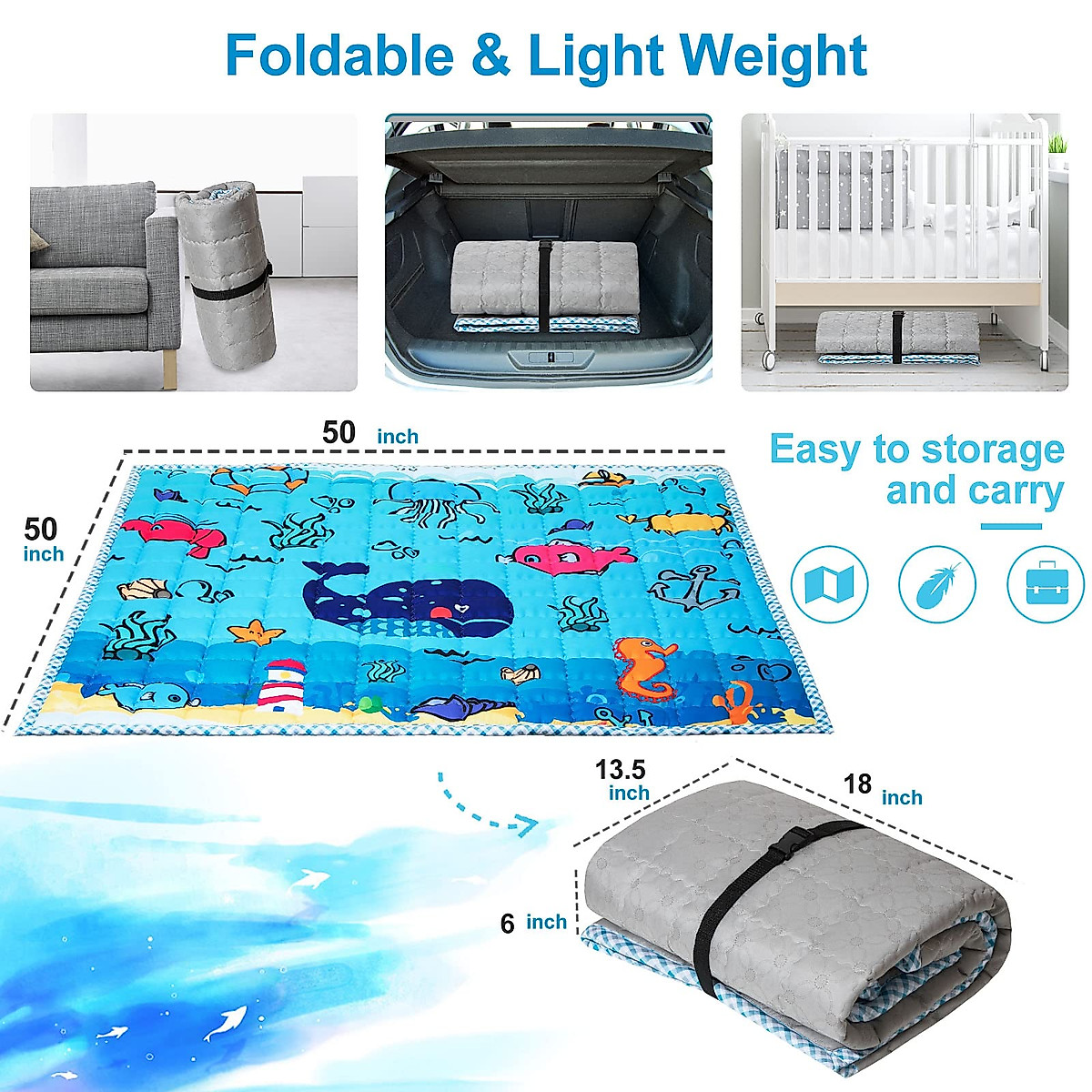 Baby Play Mat, Baby Crawling Floor Mats Babies Playmats Compatible with TODALE LIAMST Baby Playpen, Non-Slip Cushion Indoor Outdoor Infant Play Mat Kids Playpen Mat for Baby (50x50 Inch, Ocean Blue)