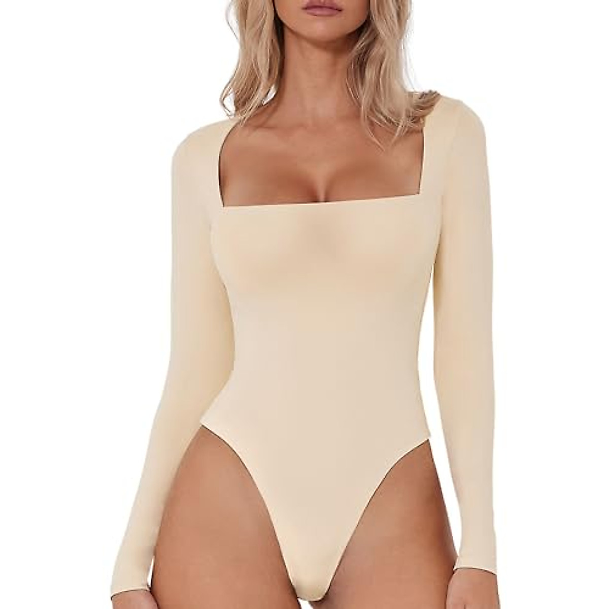 QINSEN Bodysuit Shirts for Women Square Neck Long Sleeve Shirt Double Lined Tops Marzipan M