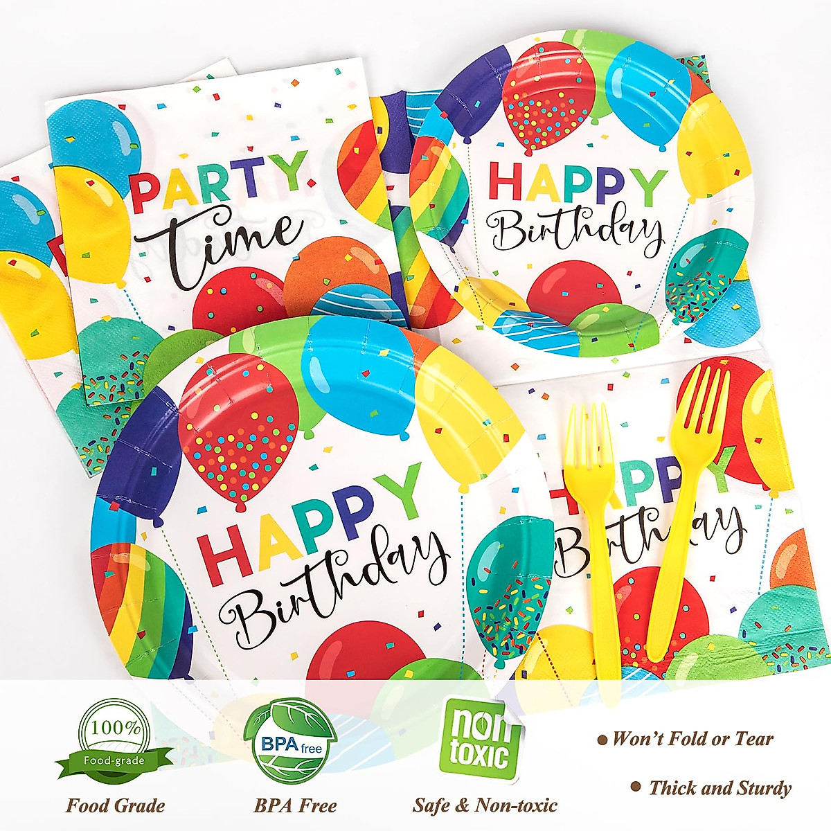 DECORLIFE Birthday Plates and Napkins Party Supplies Serves 24, Birthday Party Supplies for Kids Adults Girls Boys, Rainbow Confetti Balloons Party, Total 96PCS
