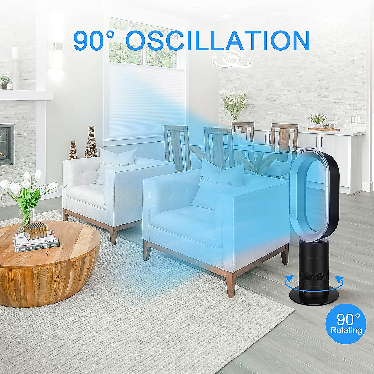 HealSmart 27 Inch Bladeless Tower Fan with Timing Closure and Remote Control, Low Noise Air Circulator Floor Fan for Home and Office Use, Adjustable Speeds & 90° Swivel , Black