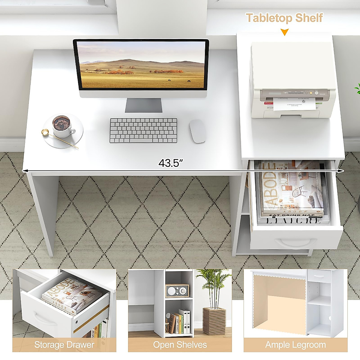 Giantex Computer Desk with Storage, Modern PC Laptop Table with Printer Shelf, Drawer, CPU Stand & Cable Hole, Compact Study Writing Desk Workstation for Small Spaces Home Office, White