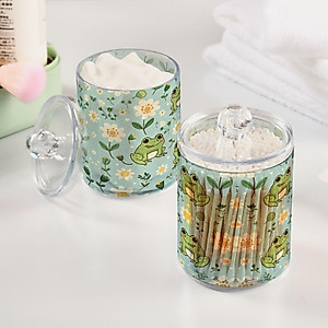 GOODOLD Cute Kawaii Frogs Qtip Holder 2 Pack - 10 Oz Clear Plastic Apothecary Jar Set for Bathroom Organization - Versatile Canister Storage for Cotton Balls, Swabs, Rounds