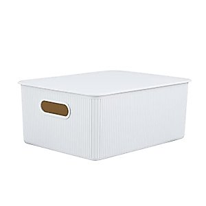 Superio Decorative Plastic Lidded Home Storage Bins Organizer Baskets, Large White Smoke (1 Pack - 15 Liter) Stackable Container Box, for Organizing Closet Shelves Drawer Shelf - Ribbed Collection