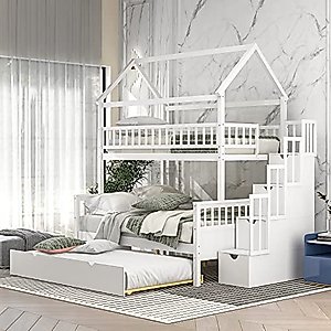 DEYOBED Twin Over Full House Shaped Wooden Bunk Bed with Trundle and Storage Staircase - Perfect for Kids and Teens, Maximizing Space and Convenience in Bedrooms