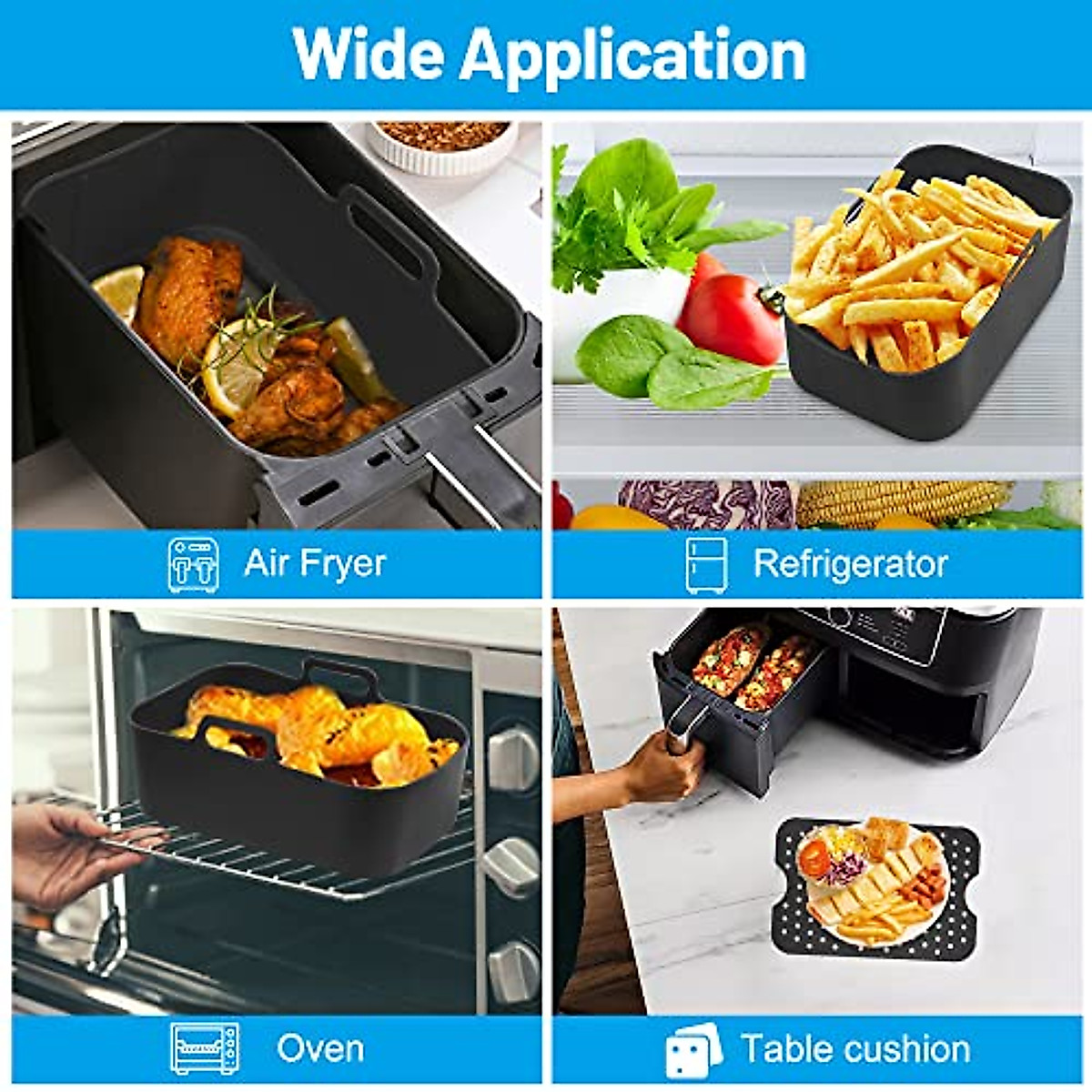 6 Packs Silicone Air Fryer Liner, Air Fryer Silicone Pot Rectangular for Ninja Foodi Dual DZ201 8QT, Replacement Baking Tray for Ninja/Instant Vortex Dual Zone Air Fryer AF300UK, AF400UK (Black)