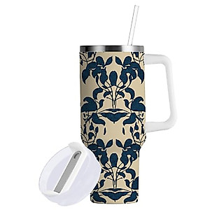 RPLIFE Blue Leaf Beige 40oz Tumbler with Handle, Stainless Steel Tumbler with Straw, Tumblers for Women