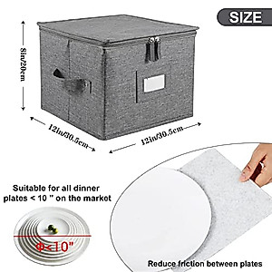 popoly China Storage Containers Inside 12" W x 8" H, Dinnerware Storage Box for Dishes Plate Storage with 24 Felt Dividers, Hold 24 Plates, Hard Shell and Stackable (2 Pack Grey)