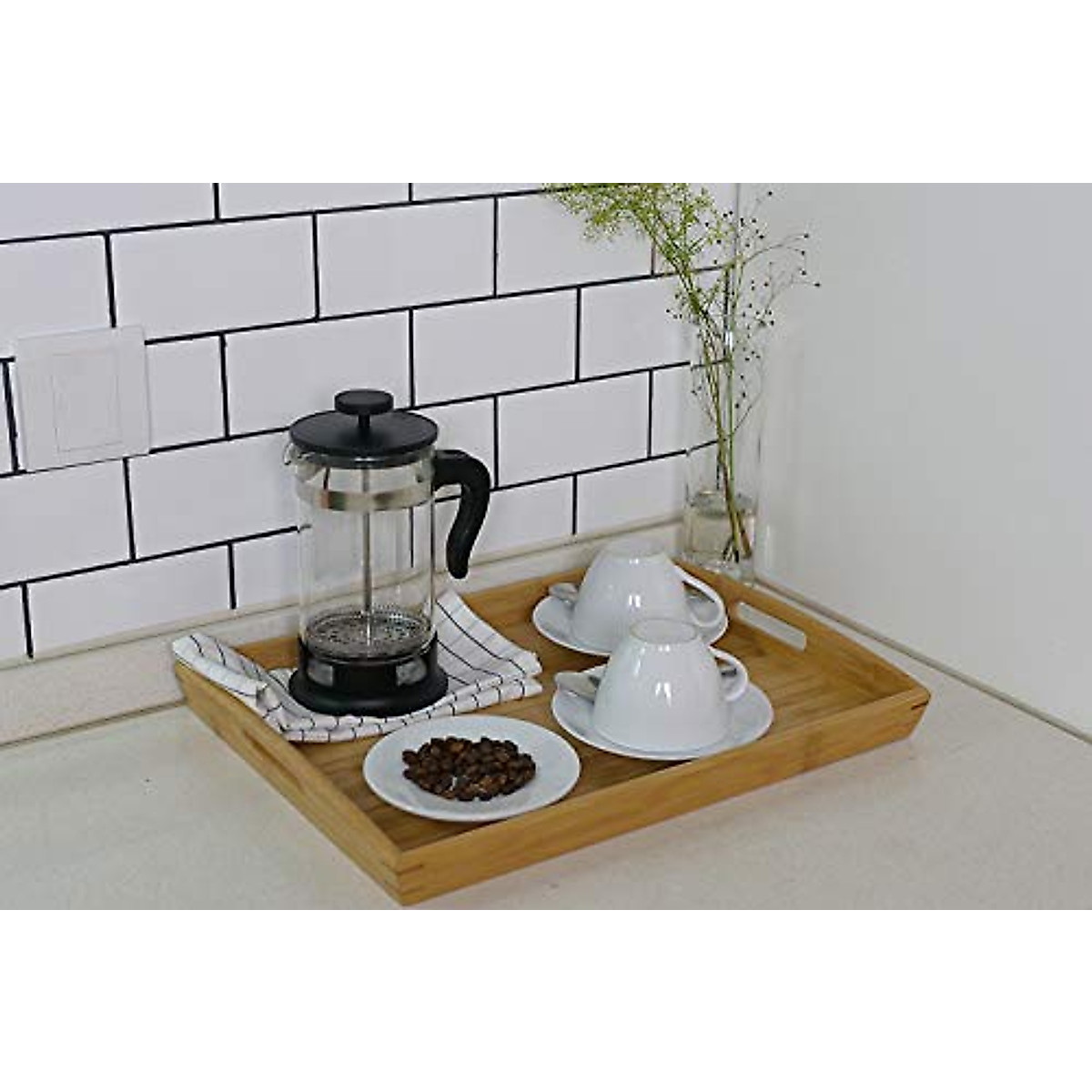 Joy&Grace 100% Bamboo Wood Butler Serving Tray with Handles - Breakfast/Coffee Table Tray, Decorative Ottoman Tray, Serving Platter for Party,17''×13''