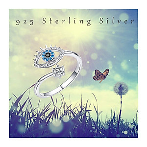 JUSTKIDSTOY Sterling Silver Evil Eye Ring Open Rings Adjustable Openable for Women (Silver)