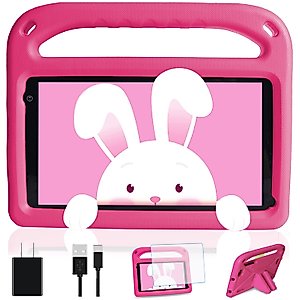 GOODTEL 2024 Kids Tablet for Kids Android Tablet 7 inch 128GB Extended Memory, Installed Parental Control Mode Puzzle Game IPS HD Display, Toddler Tablet with Shock-Proof Case, Pink