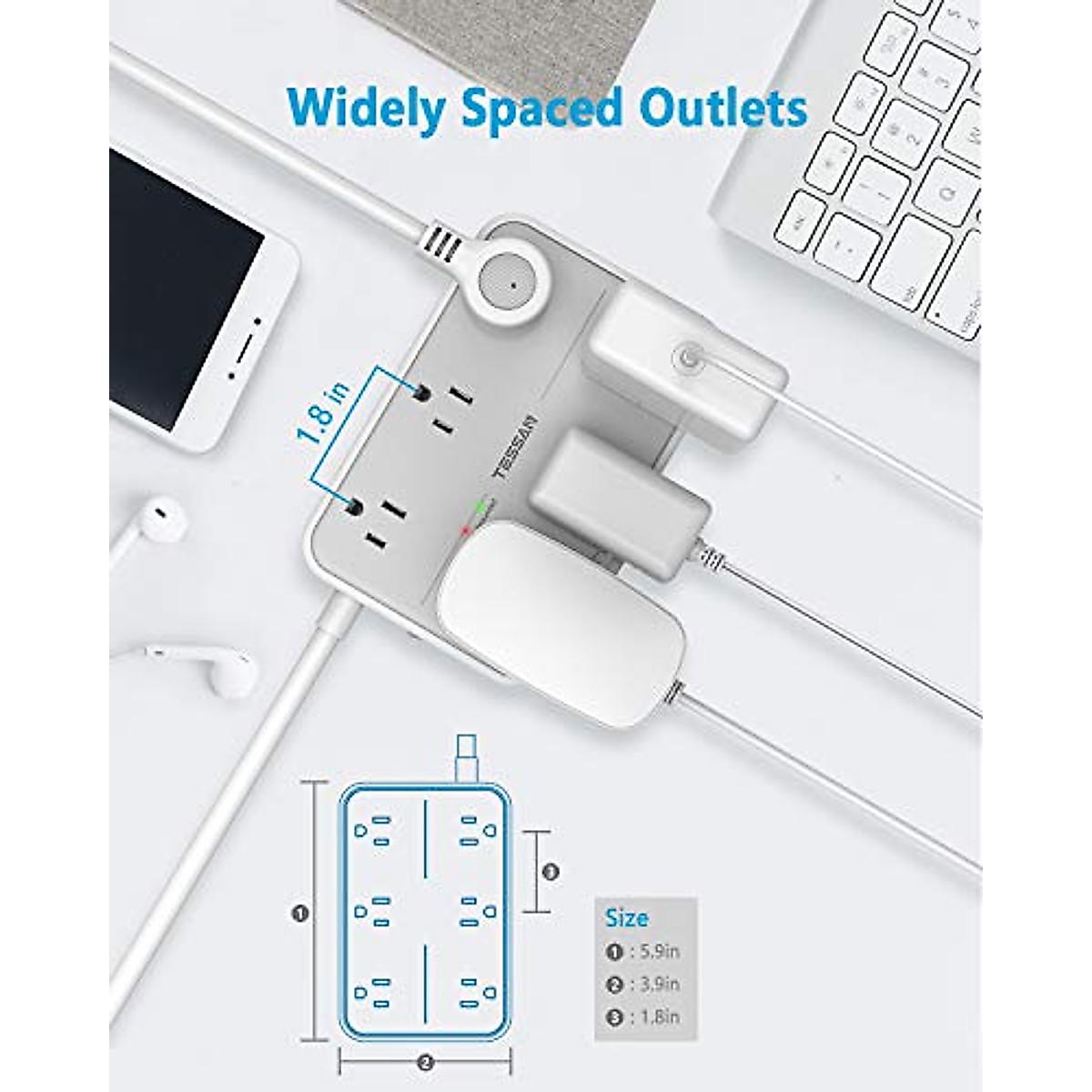 Surge Protector with USB, TESSAN Power Strip Flat Plug with 6 Widely Spaced AC Outlets 3 USB Charging Ports, 1080 Joules Protection, Wall Mount Extension Cord 5 Feet, Dorm Home and Office Accessories