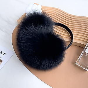 Bibury Real Fox Fur Earmuffs with Leather Band, Winter Ear Muffs, Cold Weather Head Warmer (Black)