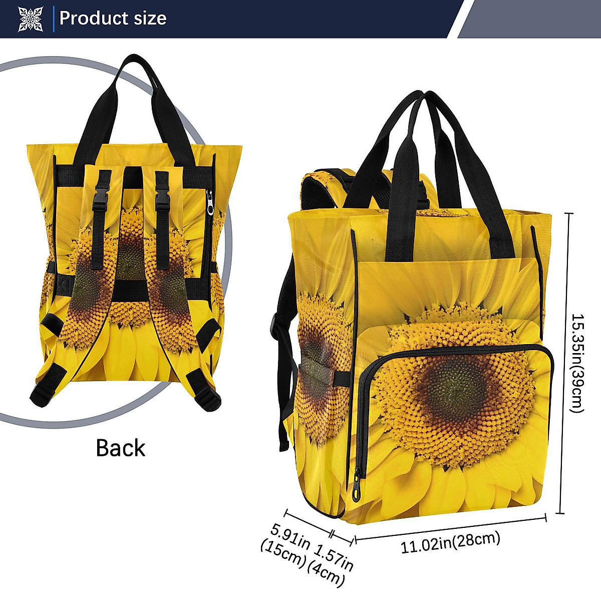 xigua Yellow Sunflower Diaper Bag Backpack Multi Function Baby Changing Bags Waterproof Large Capacity Travel Back Pack for Mom Dad