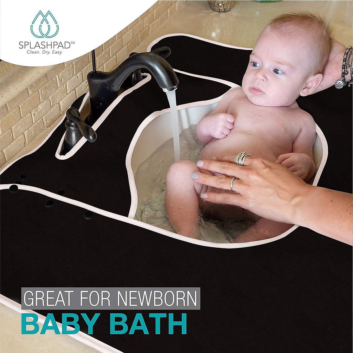 SPLASHPAD Bathroom Sink Mat - for Clean & Dry Countertops - Soft, Absorbent Microfiber, Non-Slip Rubber Grip - Children's Self Care Accessories for Hand Washing, Brushing Teeth - Solid Black