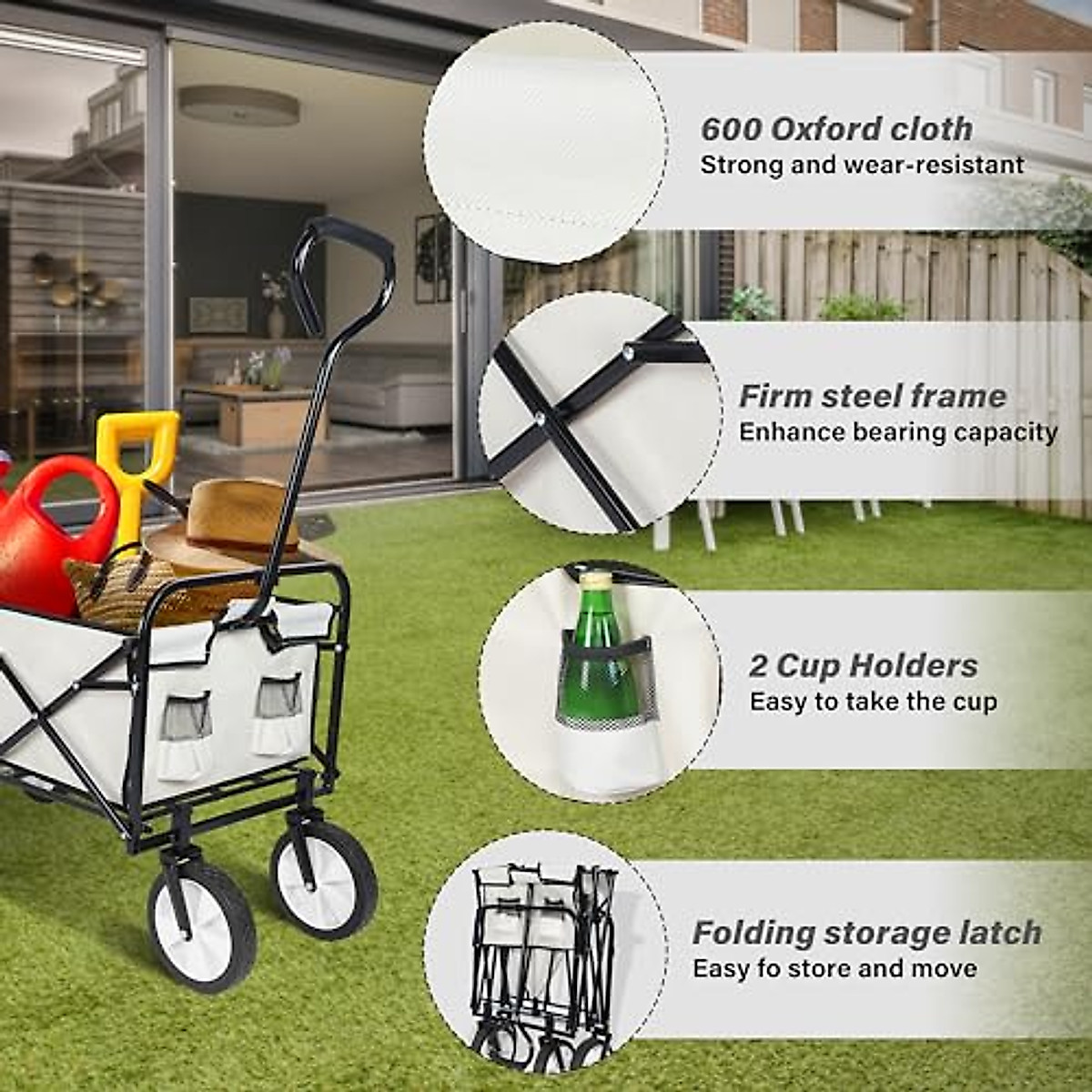 YSSOA Portable Rolling Folding Garden Cart with 360 Degree Swivel Anti-Slip Wheels & Adjustable Handle, 220lbs Weight Capacity, White