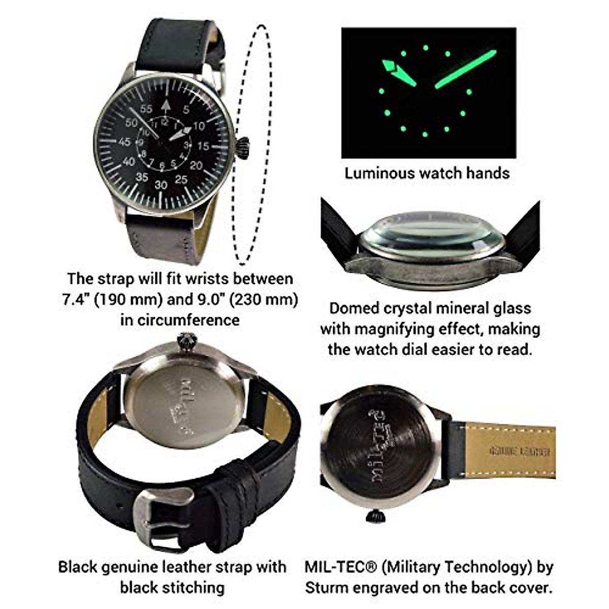 Mil-Tec Vintage Aviator Watch Black Dial Quartz Mens Flieger Pilot World War 2 Wristwatch