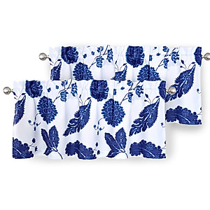 DriftAway Gianna Floral Leaf Botanical Lined Thermal Insulated Energy Saving Window Curtain Valance for Living Room Bedroom Kitchen Rod Pocket 2 Pack 52 Inch by 18 Inch Plus 2 Inch Header Navy