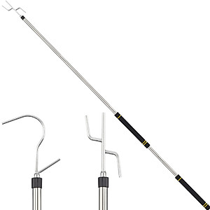 Frebuta Clothes Hook Pole Heavy Duty,32 to 65Inch High Reach Garment Hook 2 Hooks for Hanging Birdfeeder Stainless Steels Tube Extension Pole with Hook for Reaching to Reach High Hangers