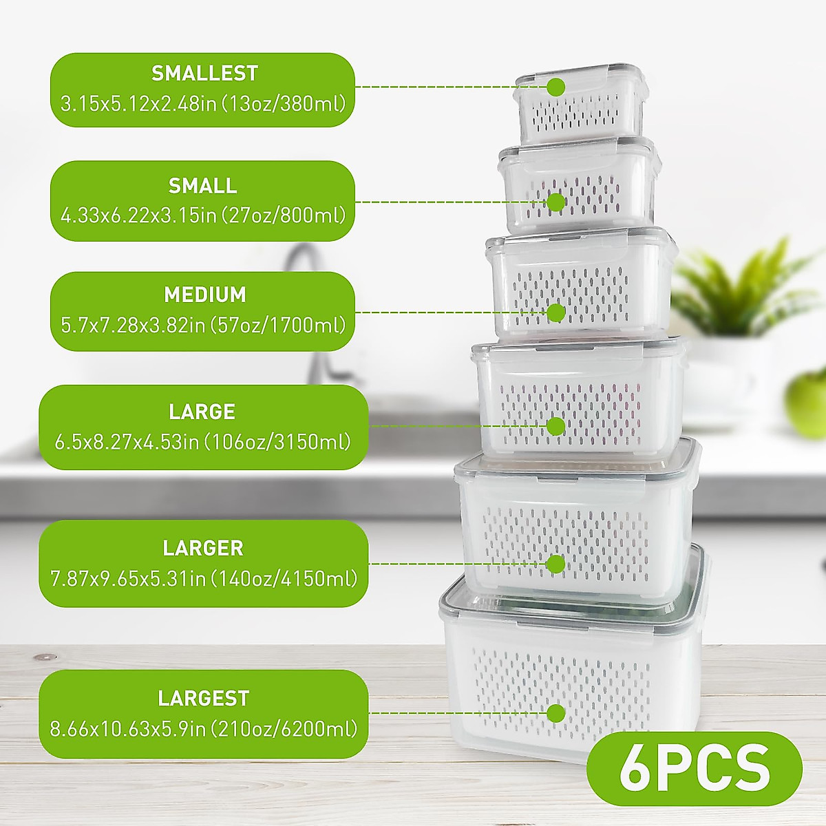 QPPKII 6 PCS Fruit Storage Containers for Fridge with Handle and Colander, Fruits/Vegetables/Berry Saver Container for Refrigerator, Food Storage Containers for Picnic