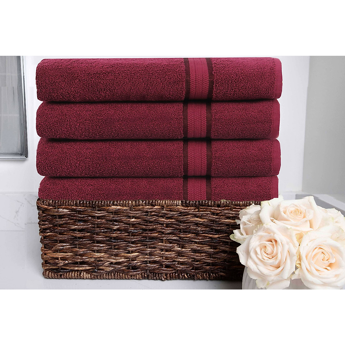 COTTON CRAFT Ultra Soft 4 Pack Oversized Extra Large Bath Towels 30x54 Burgundy Weighs 22 Ounces - 100% Pure Ringspun Cotton - Luxurious Rayon Trim - Ideal for Everyday use - Easy Care Machine wash